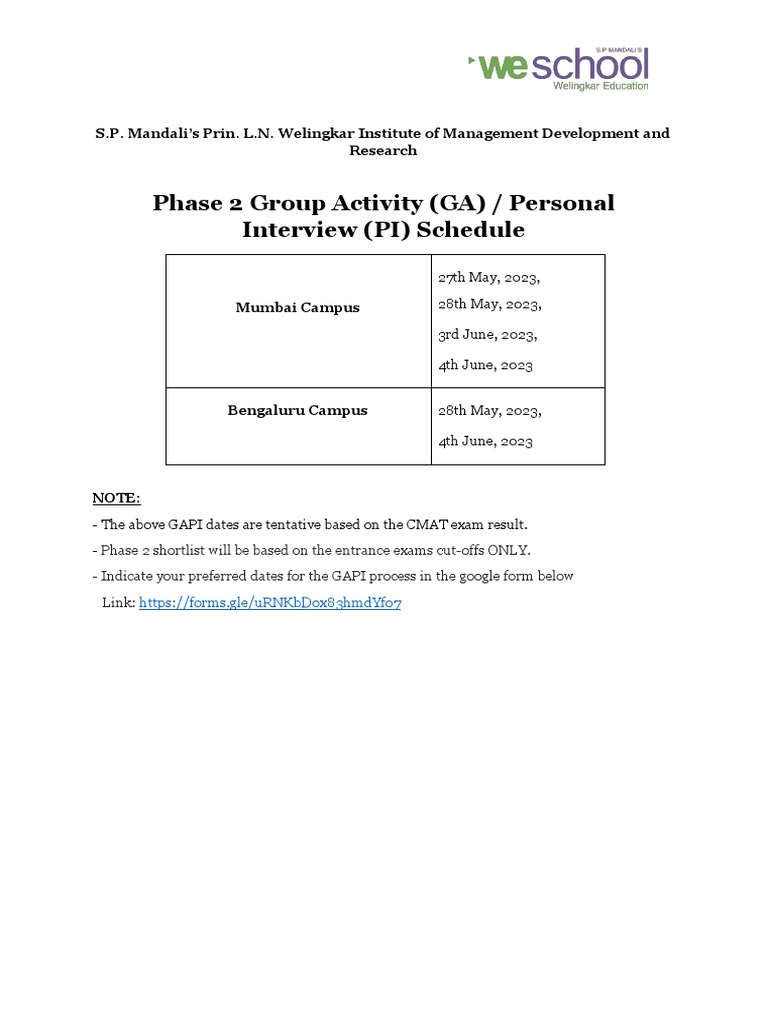 Phase 2 GAPI Schedule 10th May 2023 | PDF