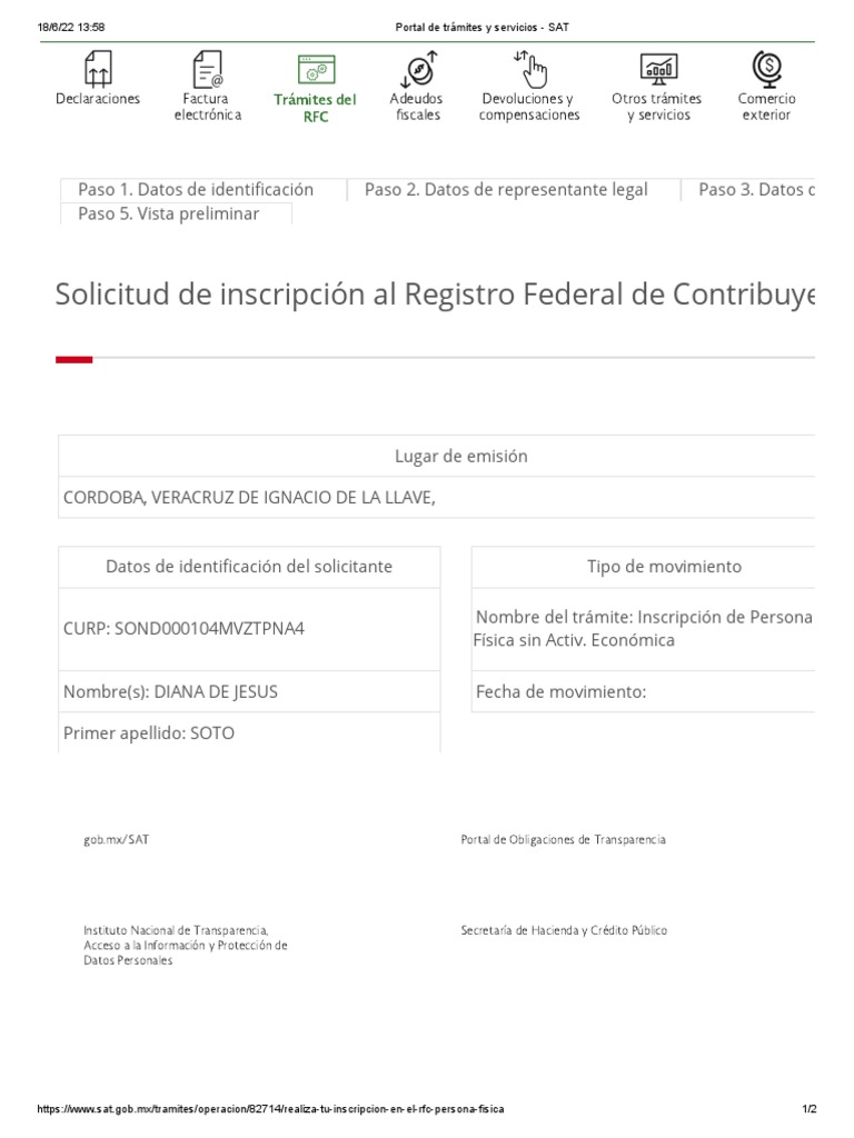 Inscripción RFC Persona Física SAT | PDF