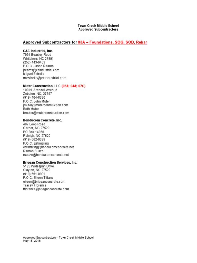 Approved Subcontractors for Town Creek School | PDF | Masonry ...