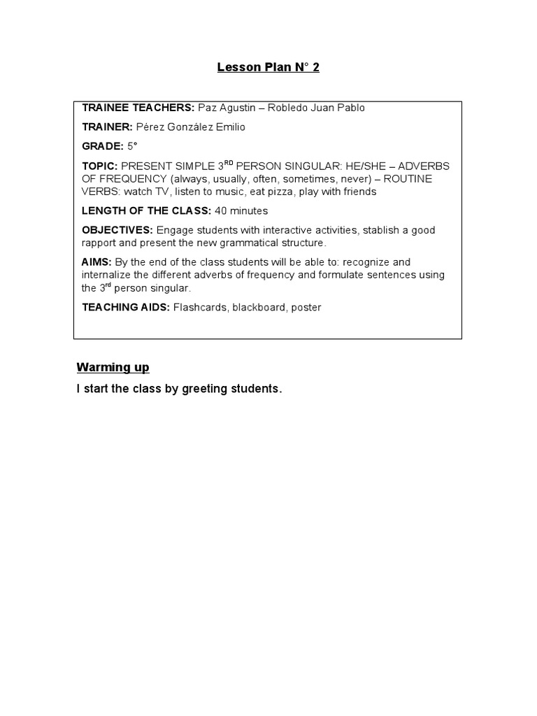 Lesson Plan 2 - Present Simple - Adverbs of Frequency | PDF
