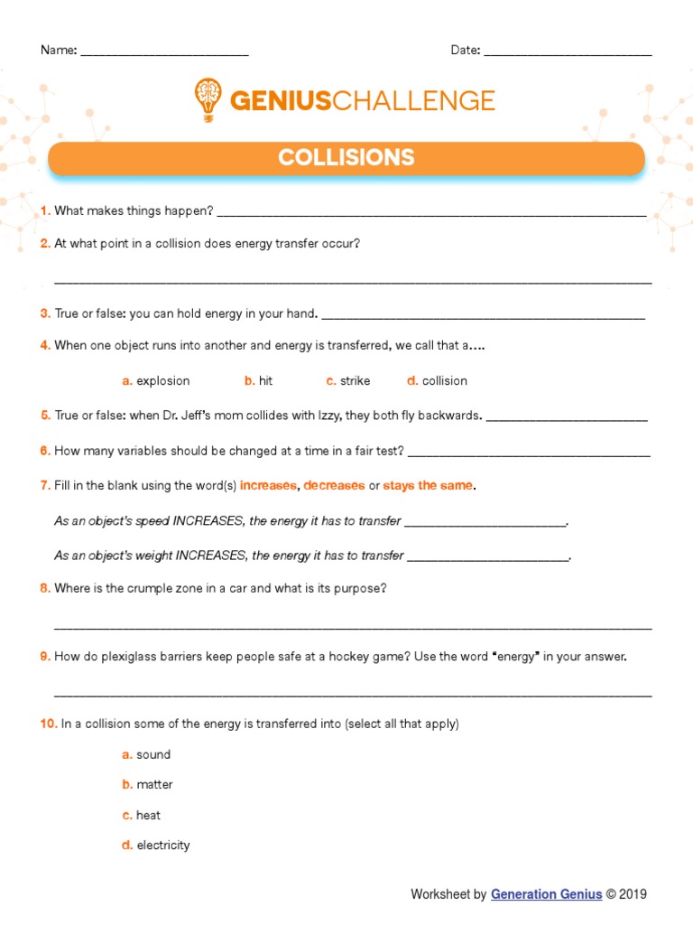 Energy Transfer in Collisions Worksheet | PDF