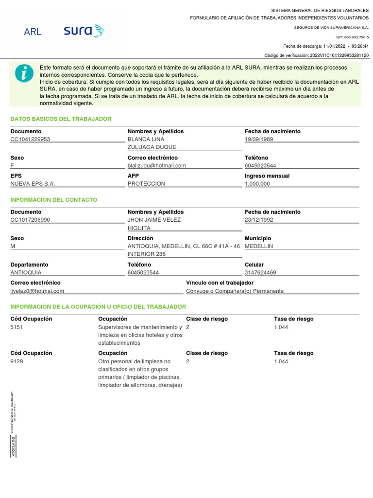 Formulario Afiliacion Arl Sura | PDF | Electricidad | Aerosol