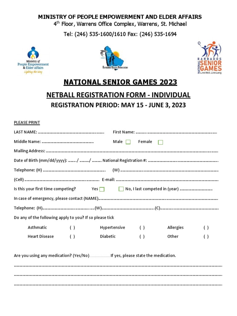 BNA Senior Games Registration Forms 2023 | PDF | Health Sciences ...