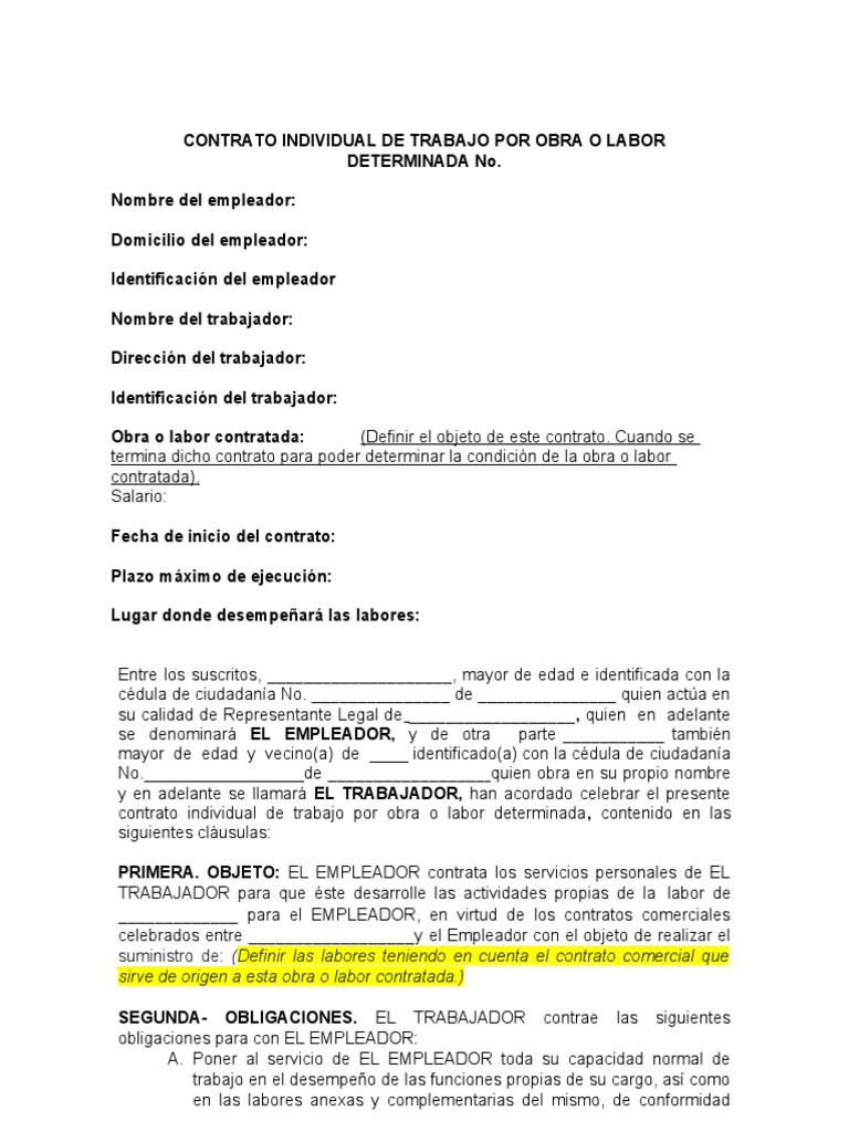Contrato Individual de Trabajo Por Obra o Labor Determinada | PDF | Salario