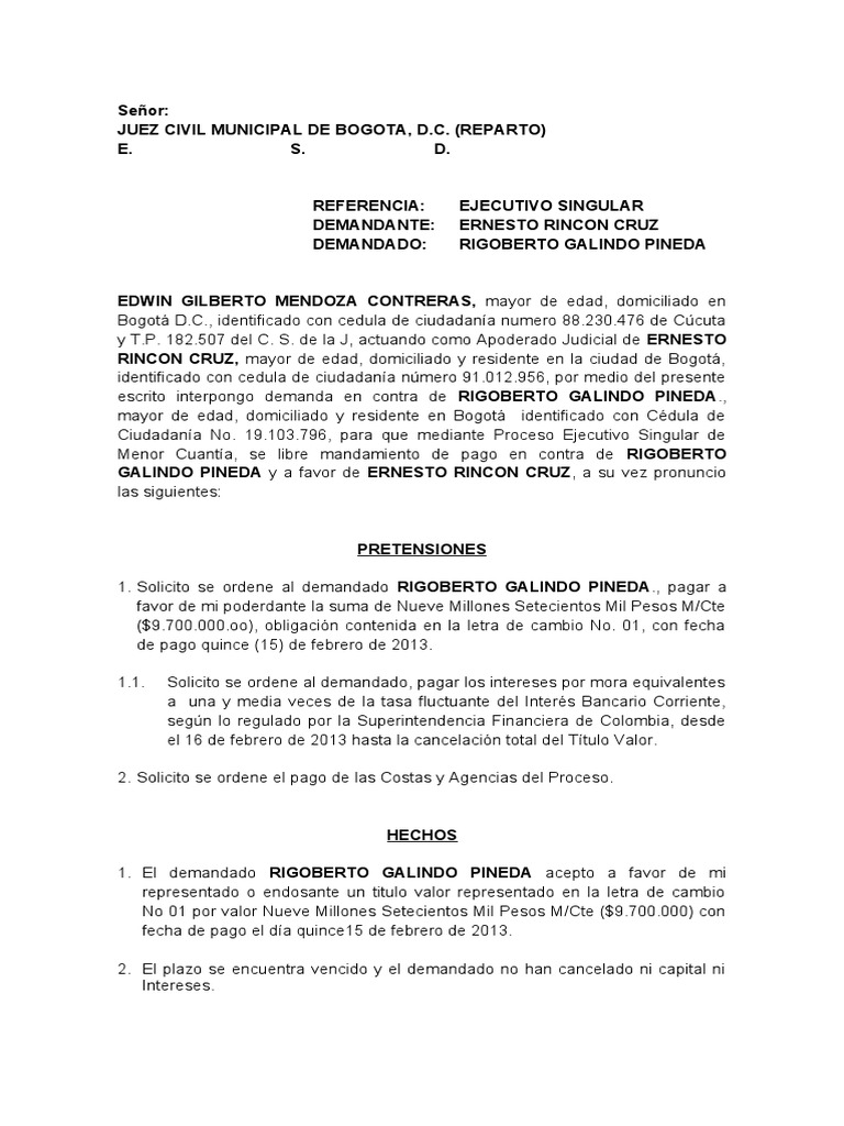 Modelo Demanda Ejecutiva Letra | PDF | Pagaré | Justicia