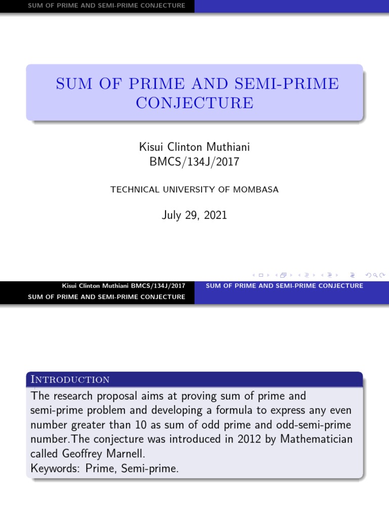 Sum of Prime and Semi-Prime Conjecture: Kisui Clinton Muthiani BMCS ...