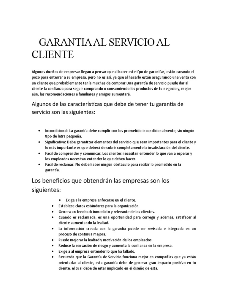 Garantia Al Servicio Al Cliente | PDF | Cliente | Business