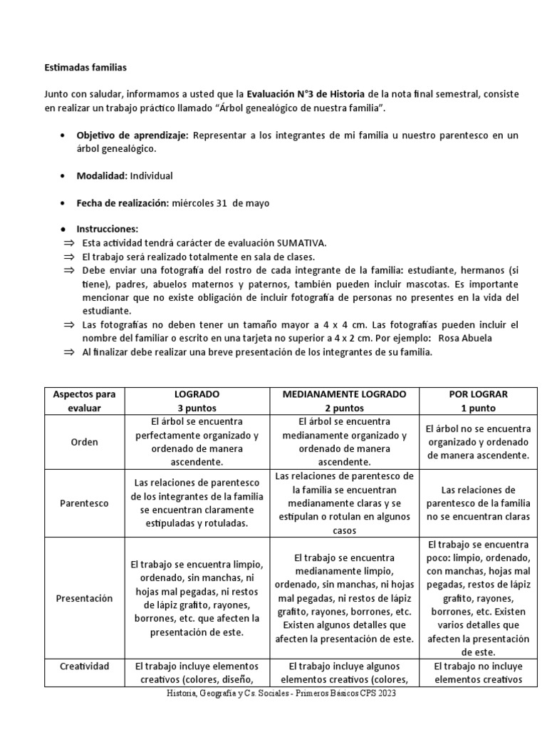 Árbol Genealógico: Instrucciones y Evaluación | PDF | Lápiz | Cognición