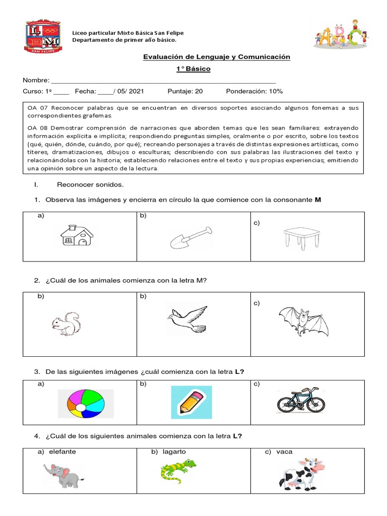 PRUEBA LETRAS M Y L Nueva | PDF | Cognición | Comunicación humana