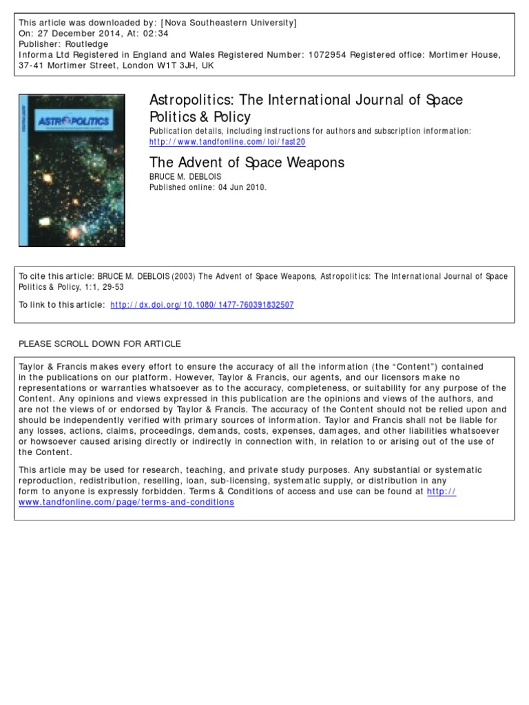 The Advent of Space Weapons (Astropolitics, Vol. 1, Issue 1) (2003 ...