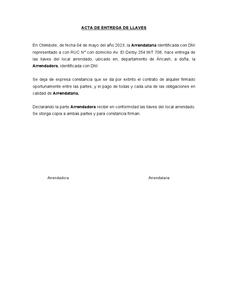 Acta de Entrega de Llaves | PDF