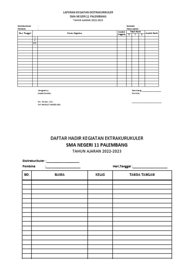 Form Laporan Dan Absensi Ekstrakurikuler | PDF