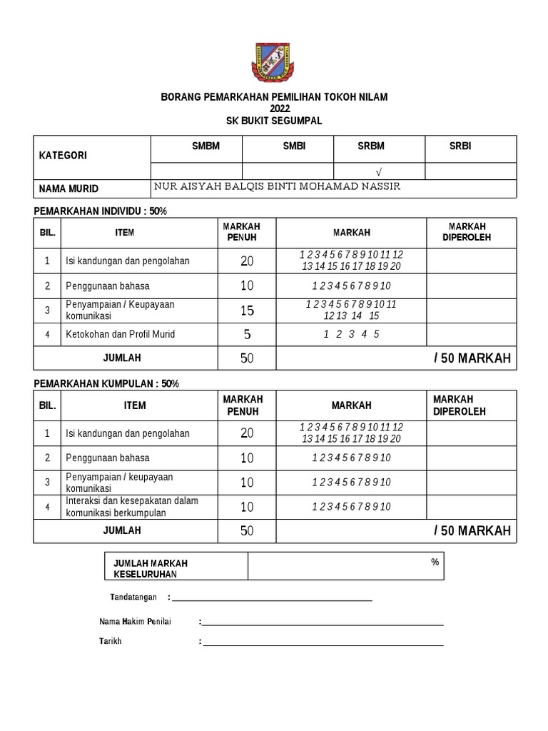 BORANG PEMARKAHAN PEMILIHAN TOKOH NILAM Peringkat Sekolah | PDF