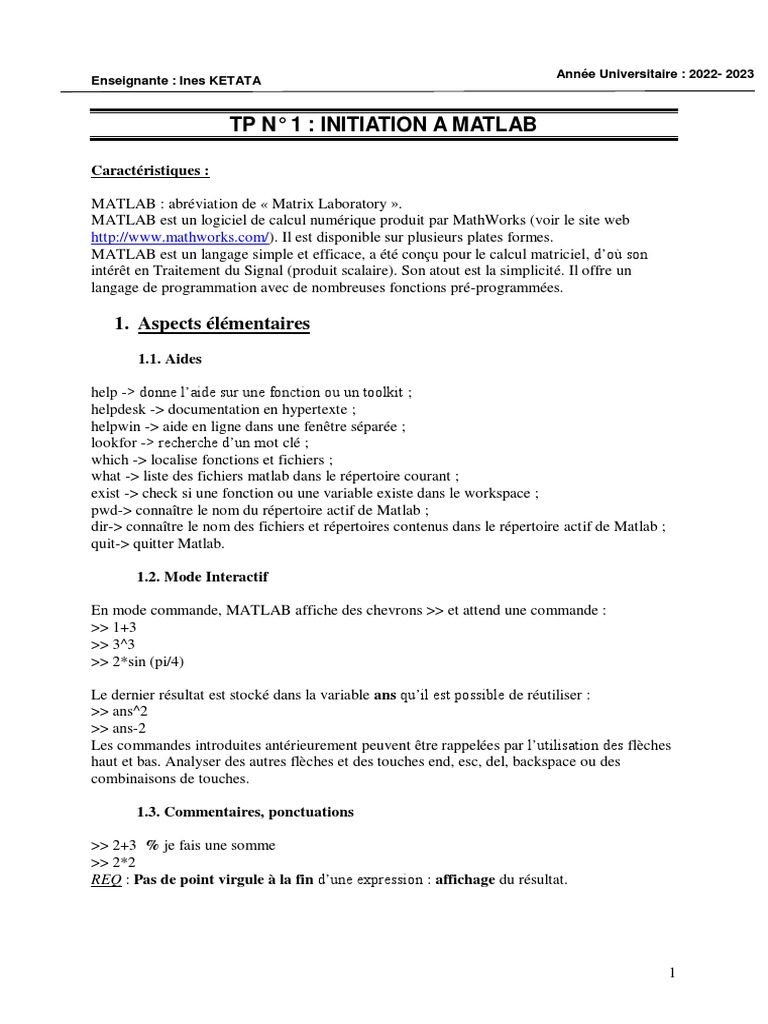 TP N°1 Initiation A Matlab | PDF | MATLAB | Matrice (Mathématiques)