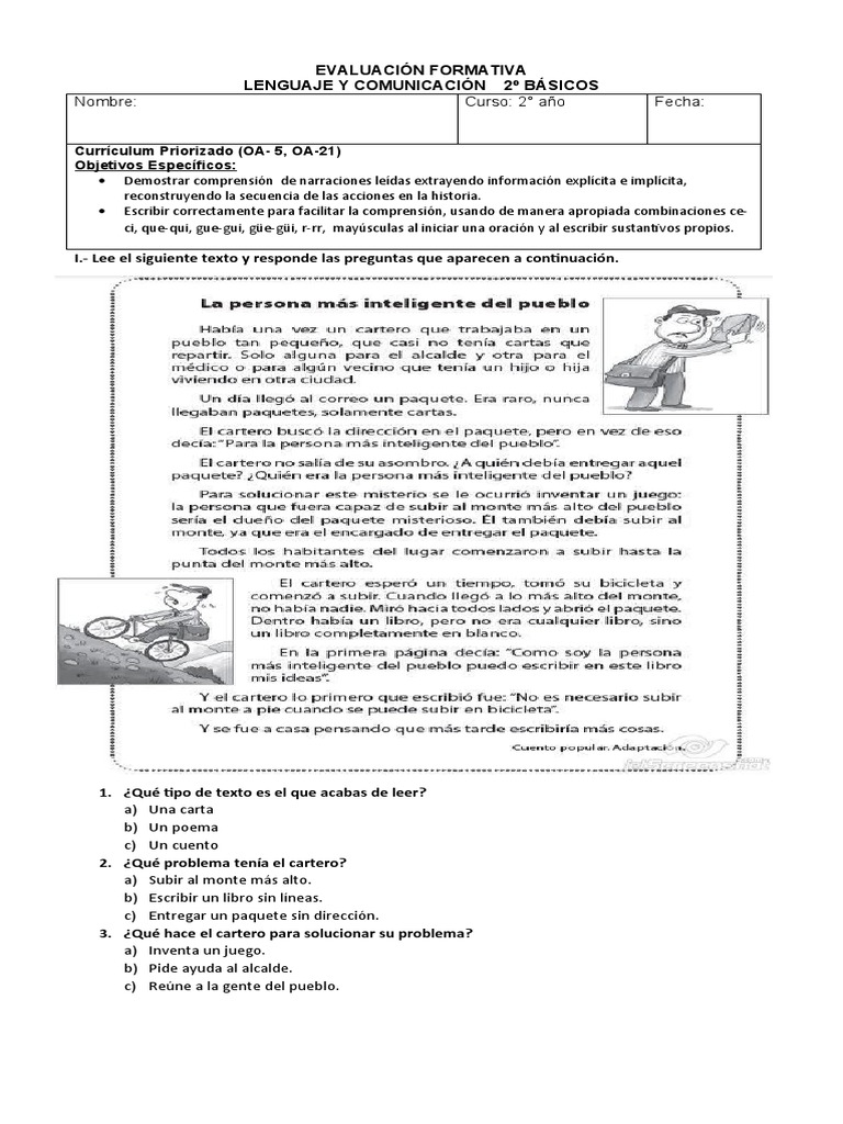 Evaluacion Formativa Lenguaje 2° Basico | PDF