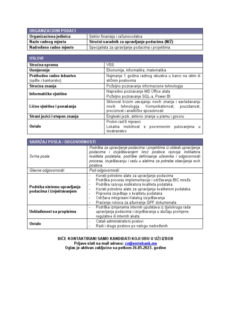 Strucni Saradnik Za Upravljanje Podacima Opis Poslova | PDF