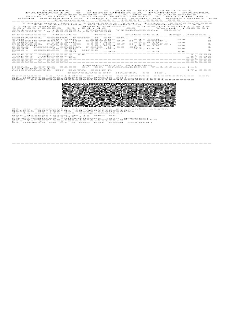 FARMA S.A. - Ruc 80022877-4 Farmacia Y Perfumeria Punto Farma Suc Punto 205-Caaguazu 3 Rotonda | PDF
