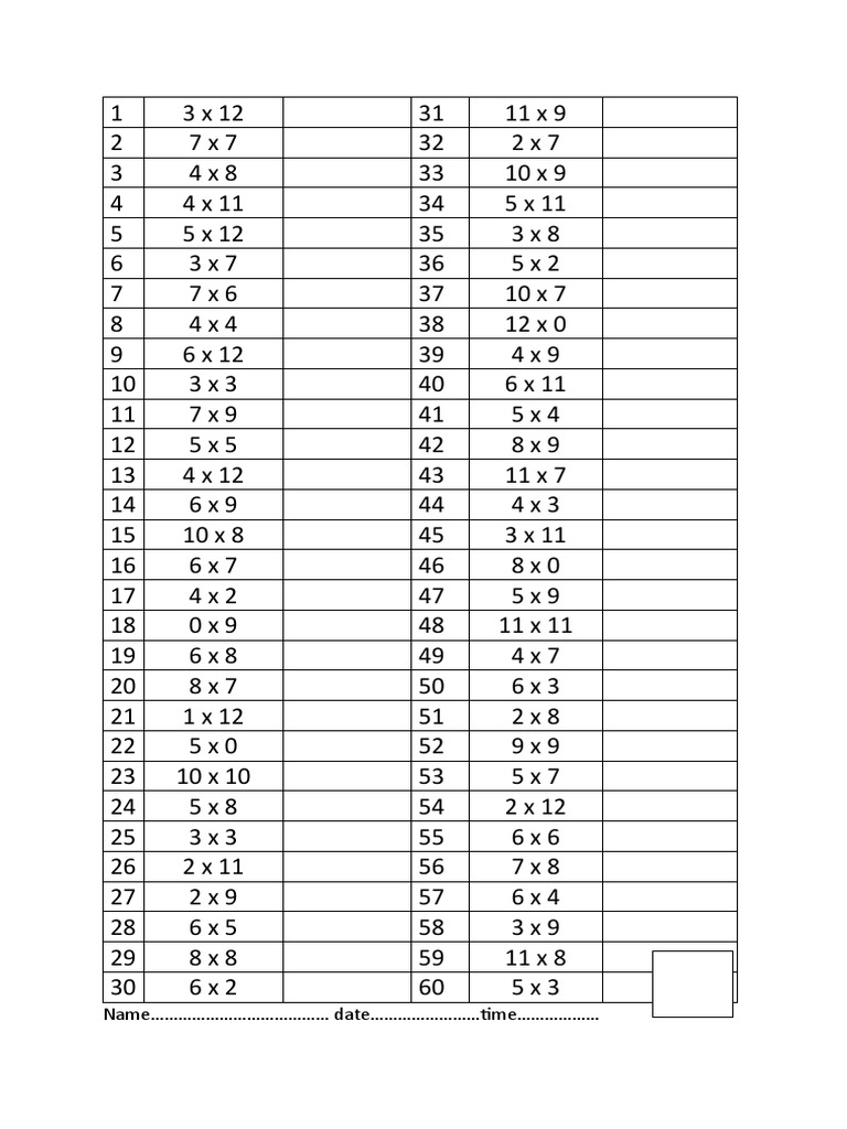 Times Tables B SQUARES 5 Min Challenge 60 All Tables | PDF