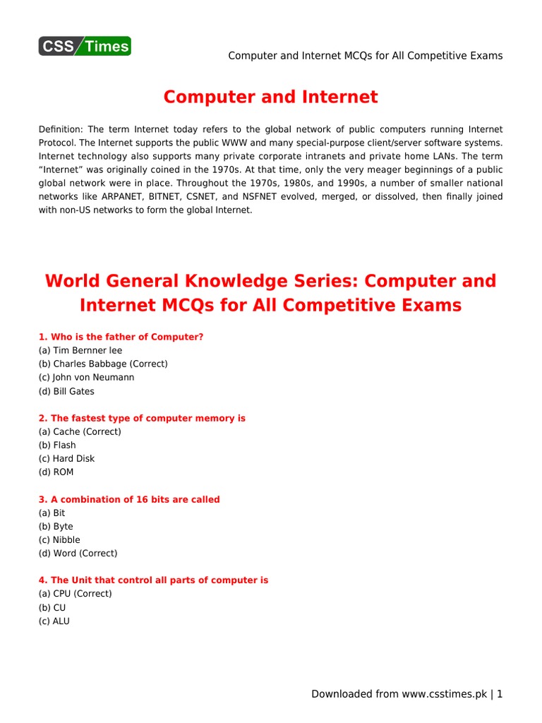 Computer and Internet MCQs For All Competitive Exams | PDF | Computer Data Storage | Computer File