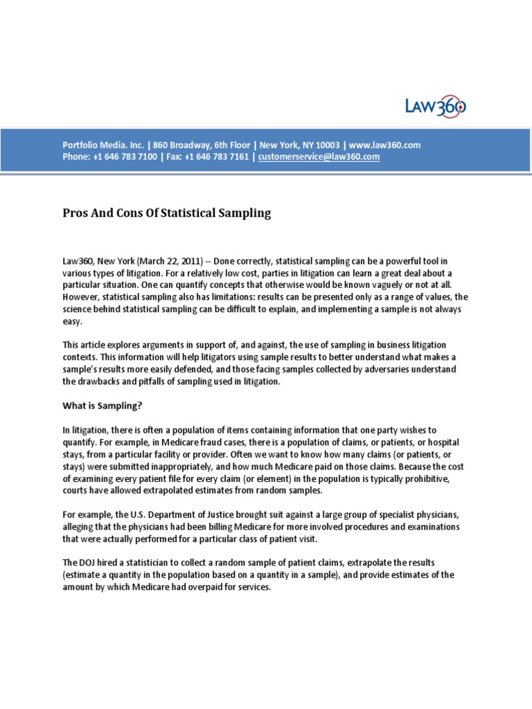 Pros and Cons of Statistical Sampling Law360 2011 | PDF | Sampling (Statistics) | Accuracy And ...