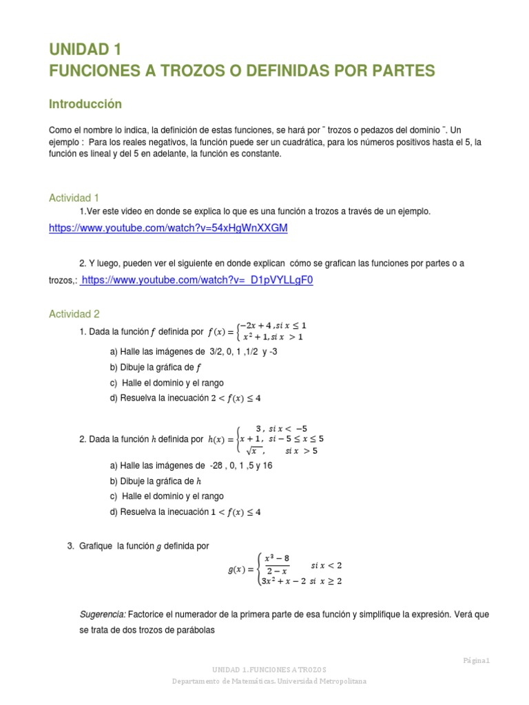Funciones a Trozos: Dominio y Gráficas | PDF | Ciencia y matemáticas ...