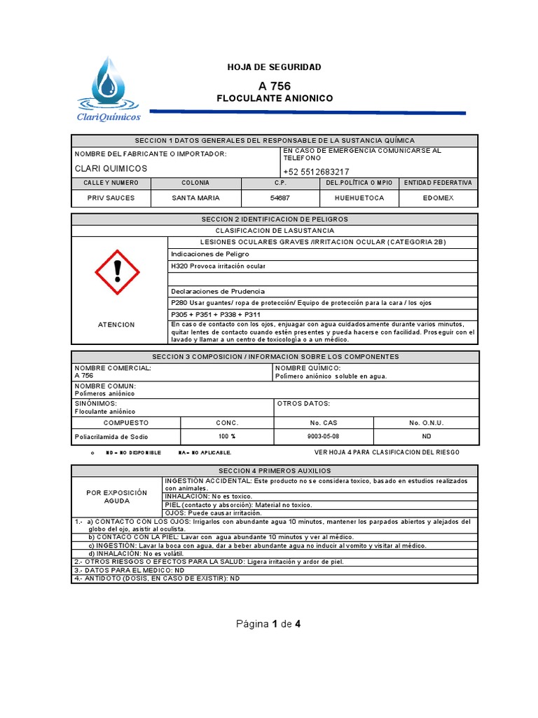Polimero Anionico A756 | PDF | Agua | Toxicidad