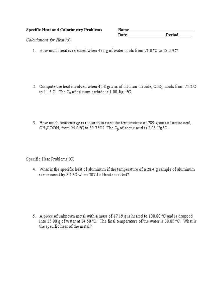 Specific Heat and Calorimetry Problems | PDF
