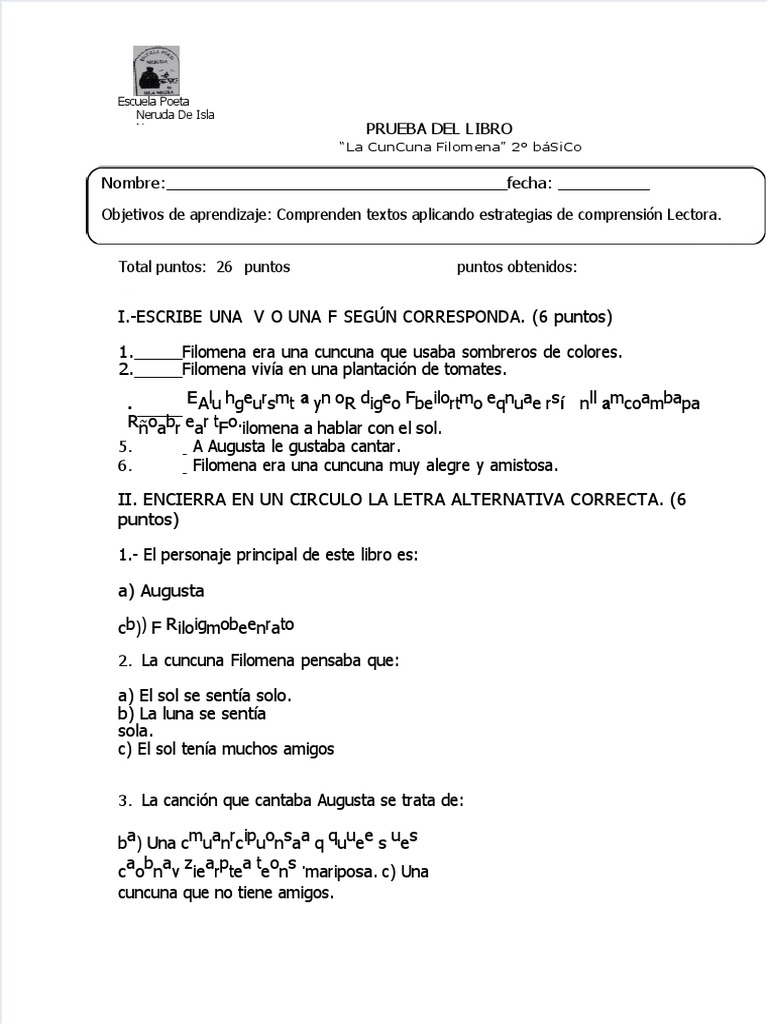 Prueba sobre "La Cuncuna Filomena" | PDF | Arte | Clásicos