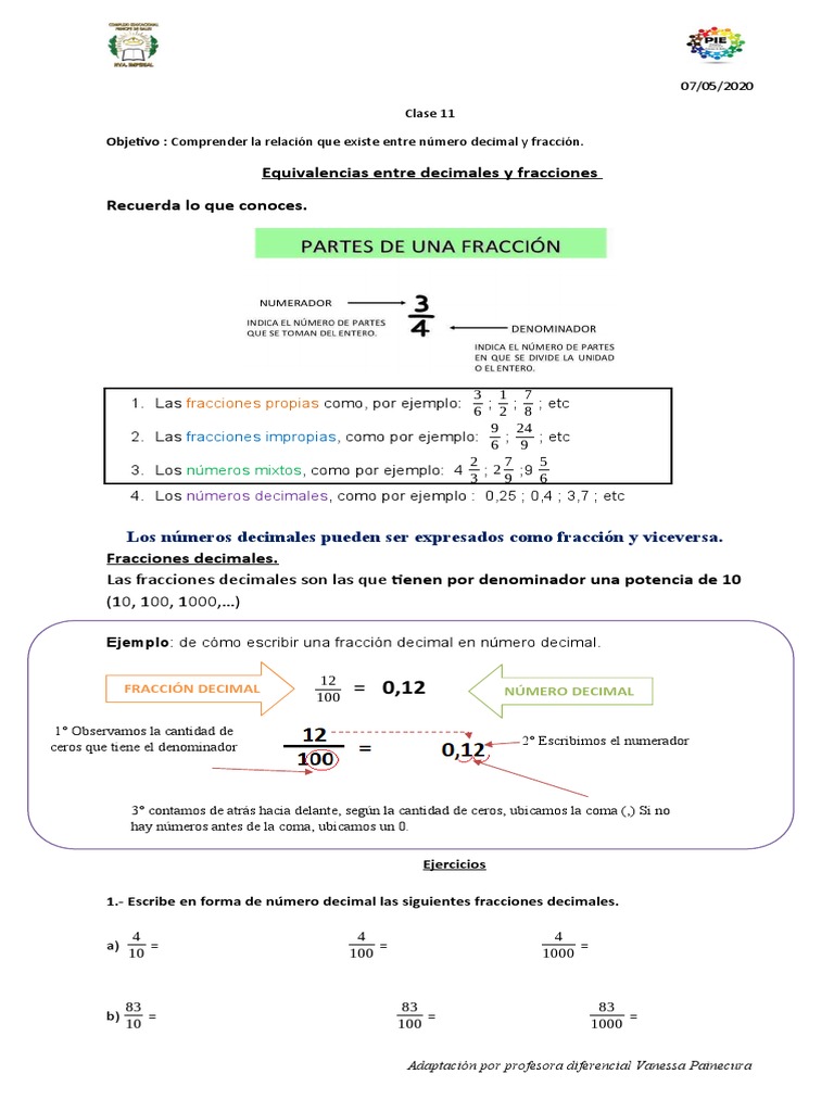 Clase 11 Equivalencia Entre Decimales y Fracciones - ADAPTACIÓN PIE ...