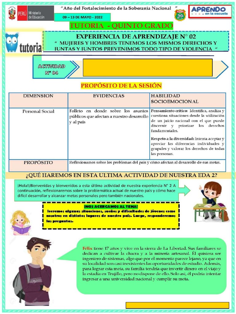 Experiencia de Aprendizaje 02 - Actividad 04 5to Grado Grado - Tutoria | PDF