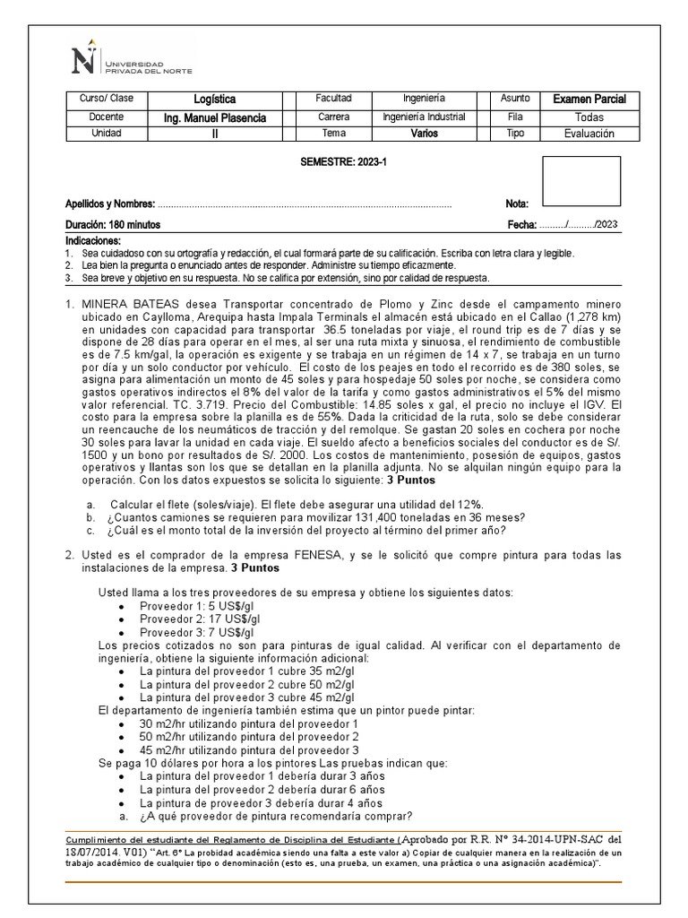 Examen Parcial Logística 2023 1 | PDF | Logística | Inventario