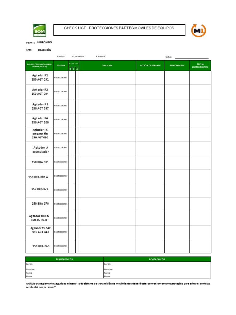 CHECK LIST Por Area Protecciones Partes Moviles | PDF
