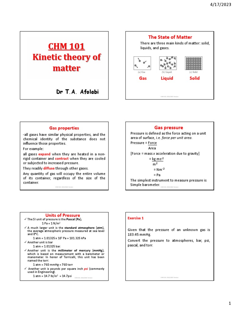 CHM 101 - Kinetic Theory 2023 AFOLABI PRINT | PDF | Gases | Pascal (Unit)