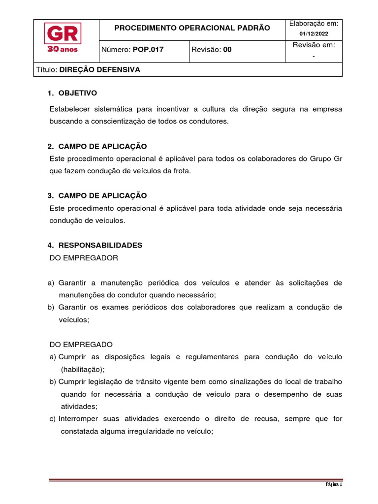 POP.017 - Procedimento Direção Defensiva | PDF | Tráfego
