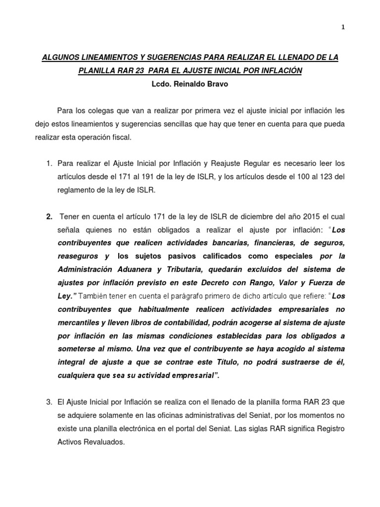 Lineamiento Llenado de La Planilla Rar 23 | PDF | Economias
