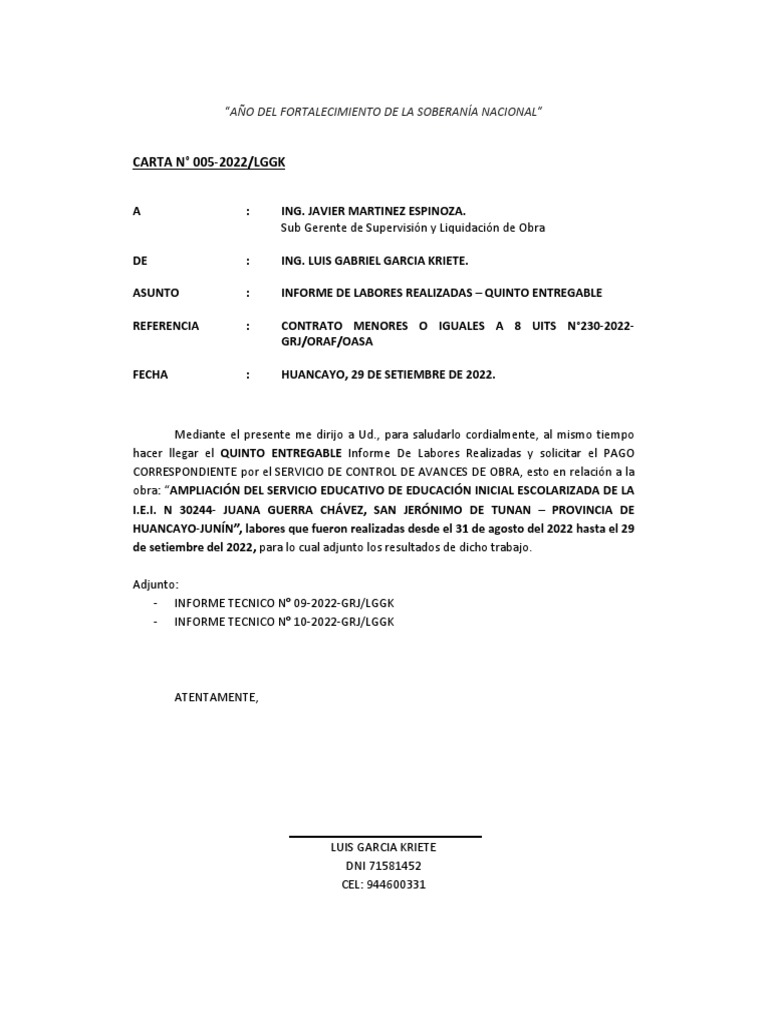 Carta de Presentacion de Informe 5 | PDF