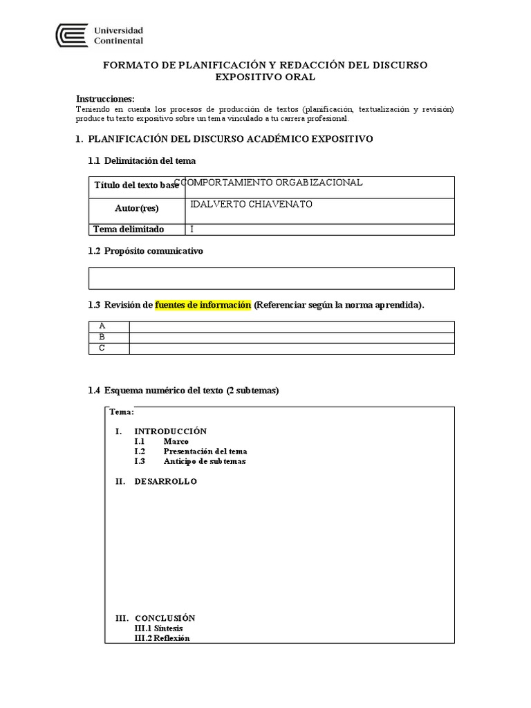 Formato de Planificación y Redacción Del Discurso Expositivo Oral | PDF