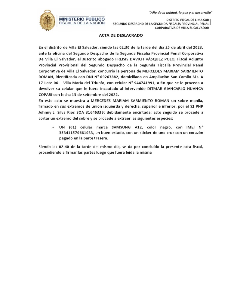 Acta Devolución Celular Villa El Salvador | PDF