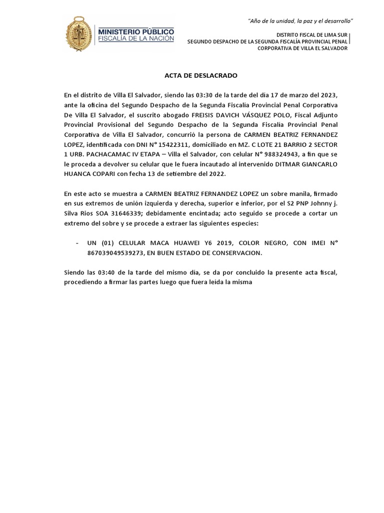 Acta de Entrega de Celular Caso 2197-2022 | PDF