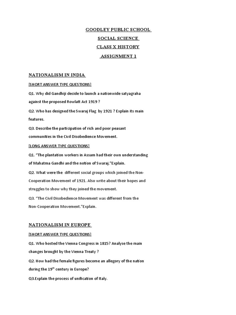 Assignment 1 History Class-X | PDF | Mahatma Gandhi | Indian Nationalism
