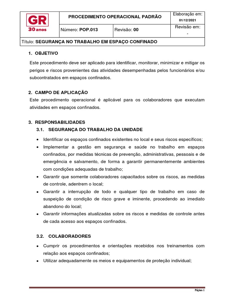 POP.013 - Procedimento para Trabalho em Espaço Confinado | PDF