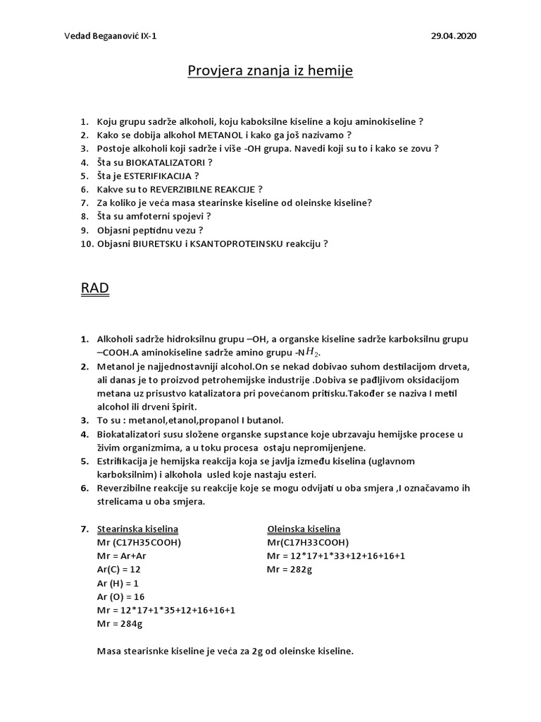 Provjera Znanja Iz Hemije | PDF