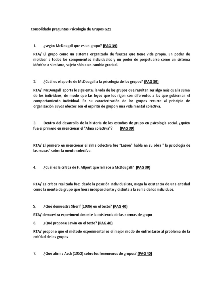 Consolidado Preguntas Psicología de Grupos G21 | PDF | Sicología | Psicología Social