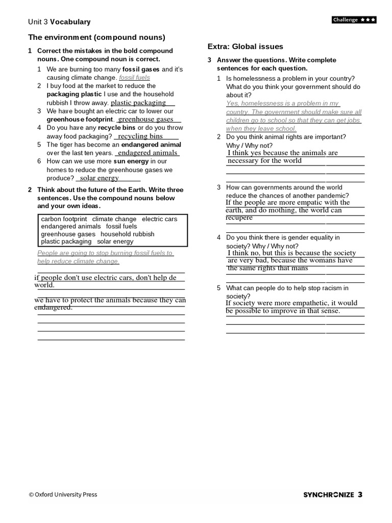 Synchronize3 TRB Worksheets Unit 3 Challenge Vocabulary | PDF | Climate ...