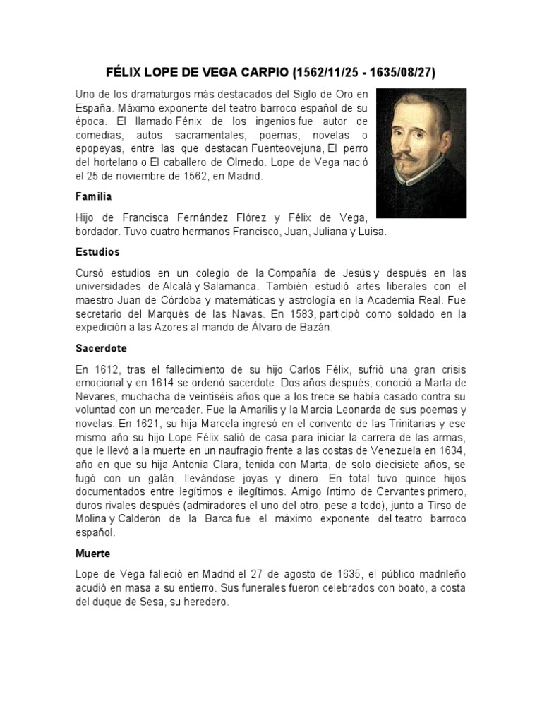Biografía FÉLIX LOPE DE VEGA CARPIO | PDF | Período moderno temprano ...