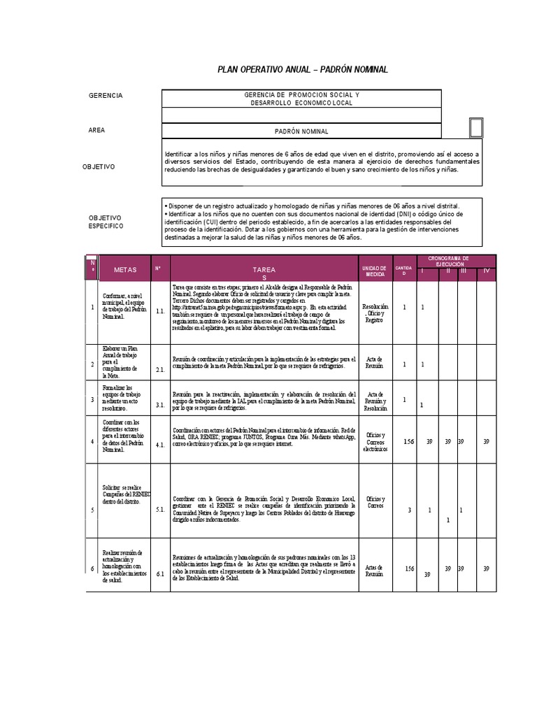 Plan Operativo Anual Ejemplo | PDF