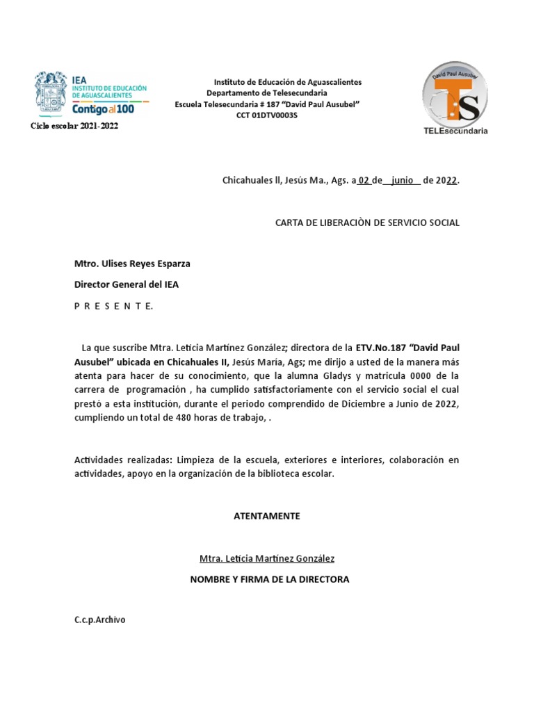 Carta de Liberacion de Servicios | PDF