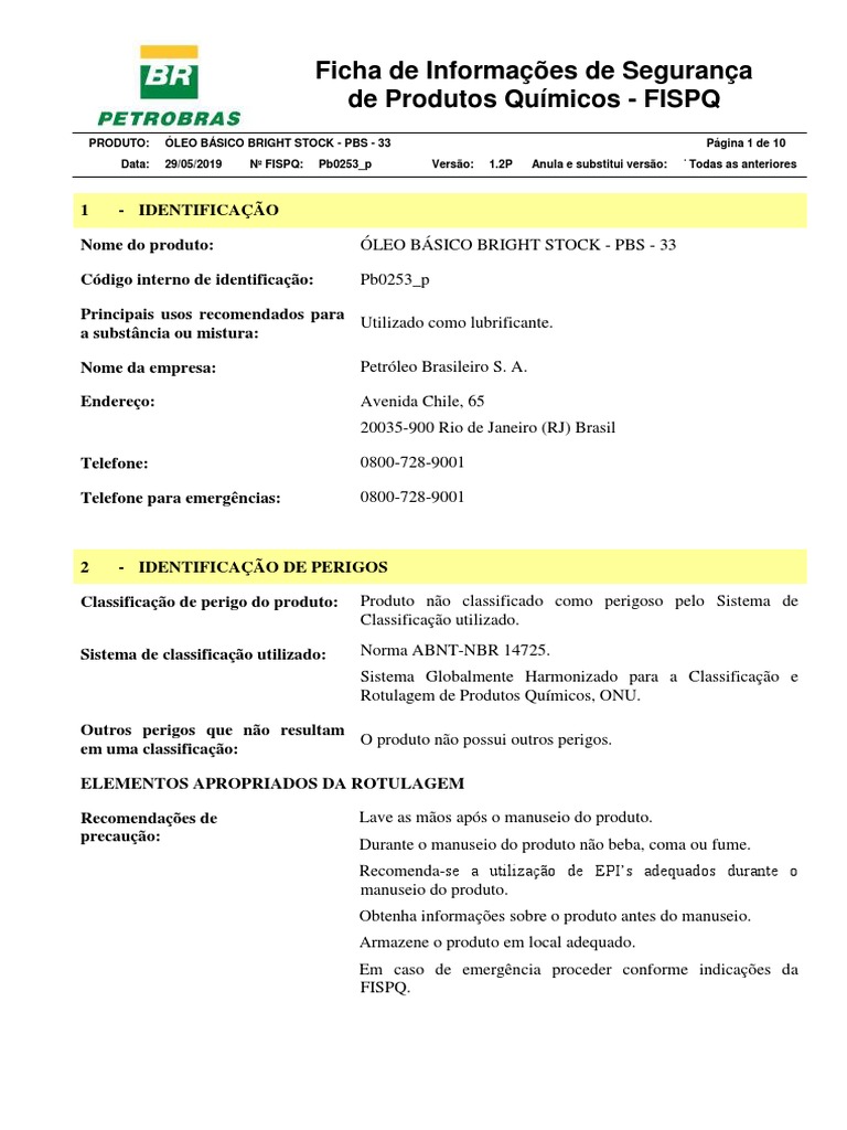 FISPQ do Óleo Básico Bright Stock | PDF | Química | Embalagem e rotulagem