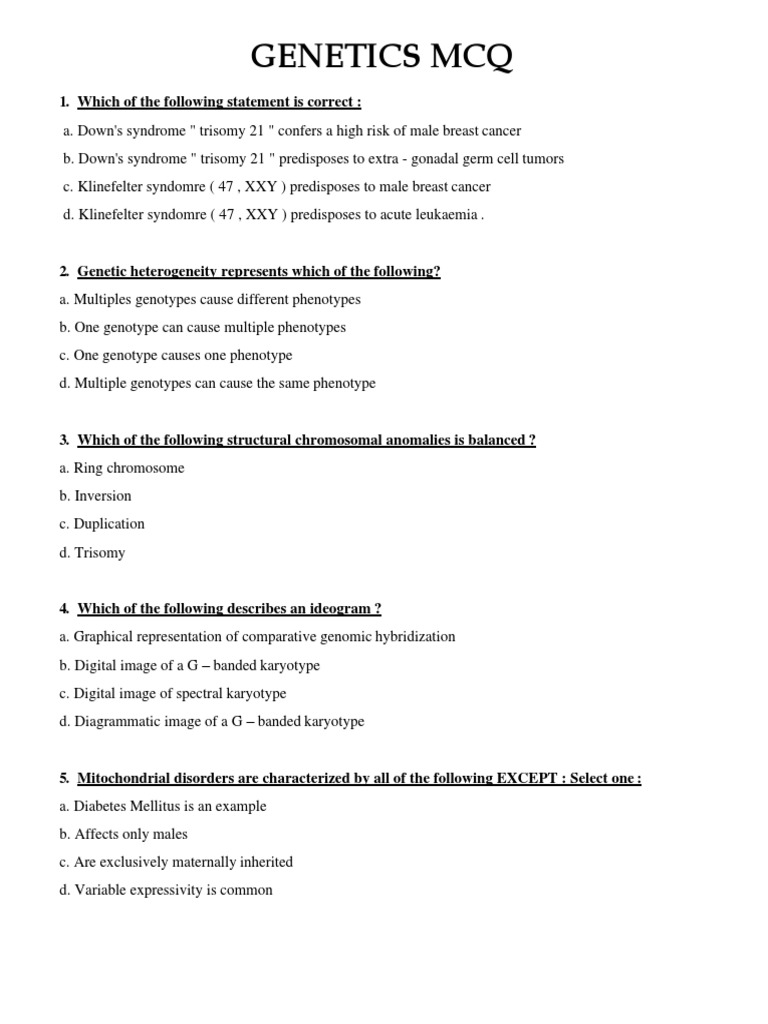 GENETICS No Answers MCQ | PDF | Genetic Disorder | Mutation