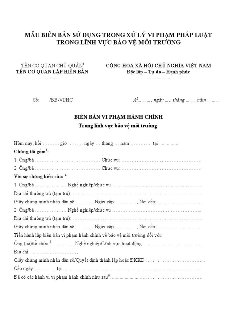 123doc Mau Bien Ban Xu Ly Vi Pham Hanh Chinh Trong Linh Vuc Moi Truong | PDF